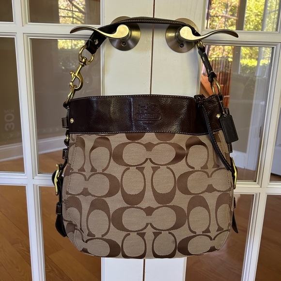Coach | Bags | Coach Zoe Signature Khaki Brown Hobo Shoulder Bag Large ...